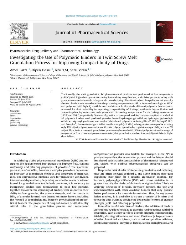 Pdf Investigating The Use Of Polymeric Binders In Twin Screw Melt