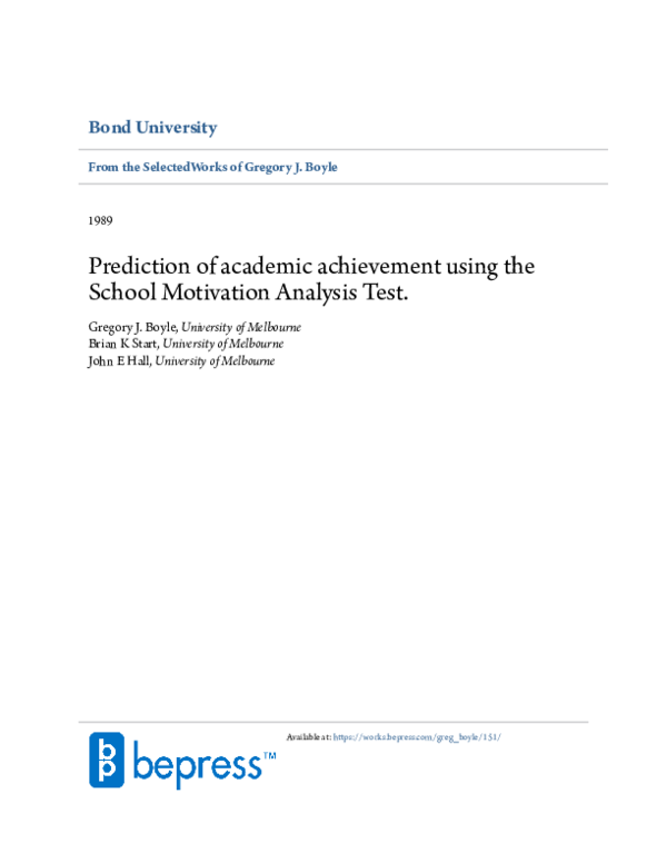 (PDF) Prediction of Academic Achievement Using the School Motivation ...