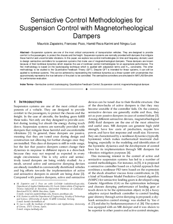 (PDF) Semiactive Control Methodologies for Suspension Control With Magnetorheological Dampers