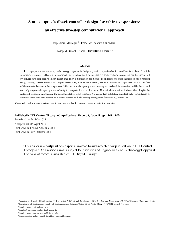 Pdf Static Output Feedback Controller Design For Vehicle Suspensions