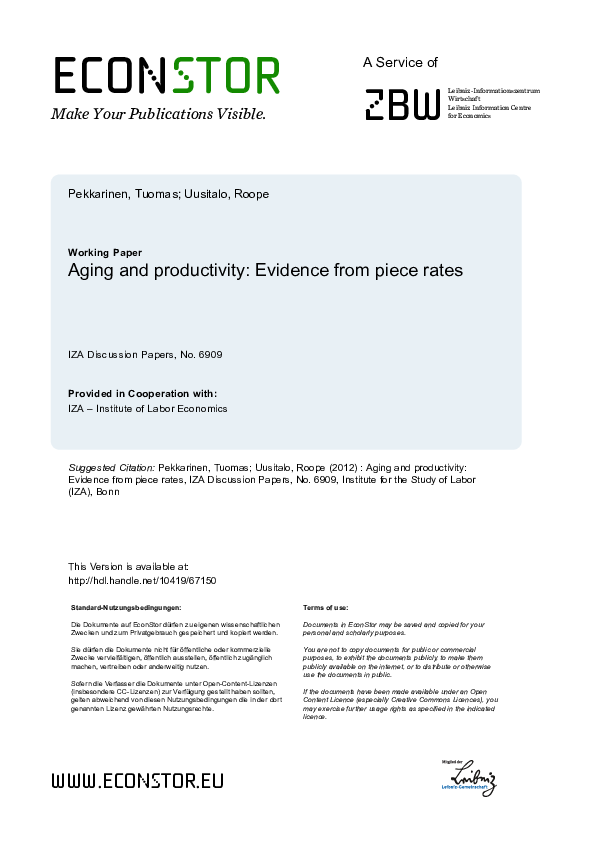 (PDF) Aging and Productivity: Evidence from Piece Rates