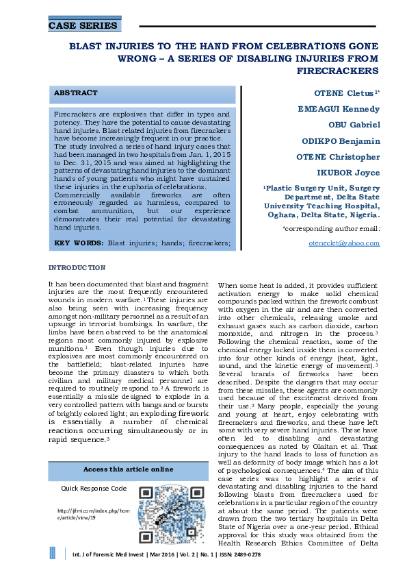 (PDF) Blast Injuries to the Hand from Celebrations Gone Wrong – a ...