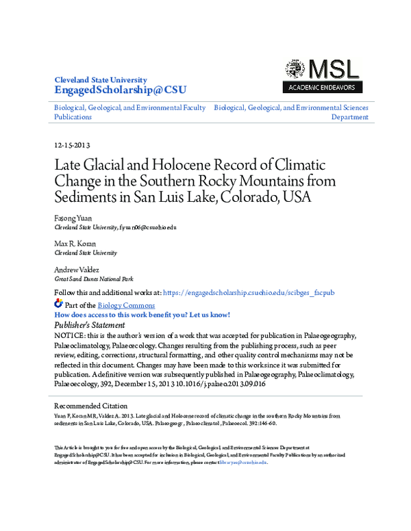 (PDF) Late Glacial and Holocene record of climatic change in the southern Rocky Mountains from ...