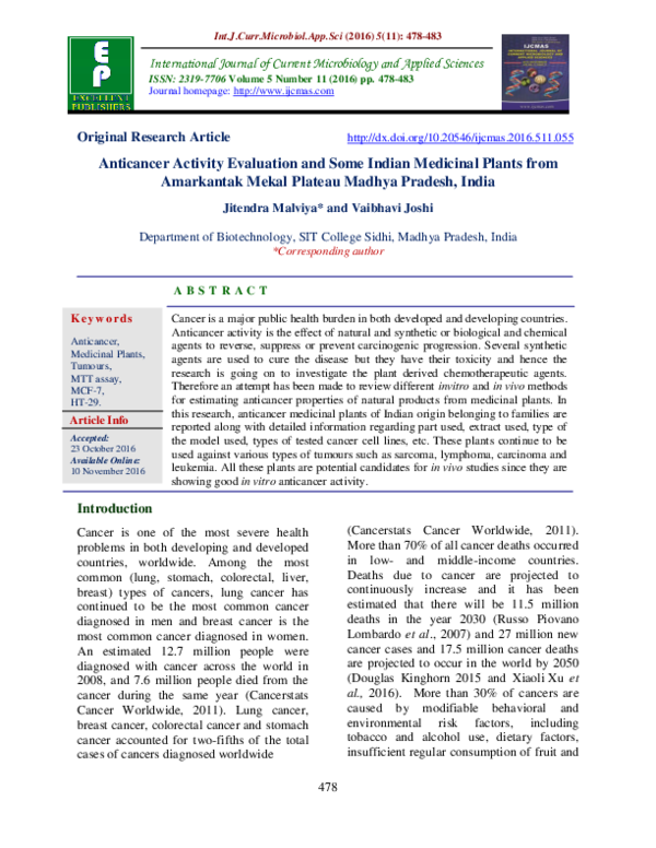 (PDF) Anticancer Activity Evaluation and Some Indian Medicinal Plants from Amarkantak Mekal ...