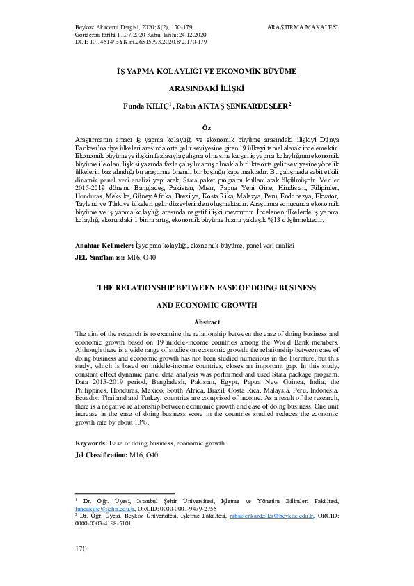 (PDF) İş Yapma Kolayliği Ve Ekonomi̇k Büyüme Arasindaki̇ İli̇şki̇ ...