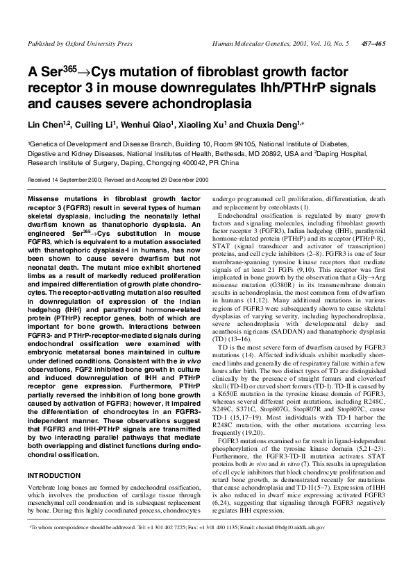 A Ser365->Cys mutation of fibroblast growth factor receptor 3 in mouse ...