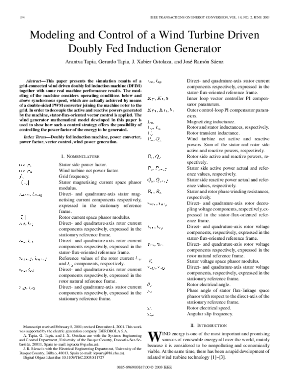 Pdf Modeling And Control Of A Wind Turbine Driven Doubly Fed Induction Generator