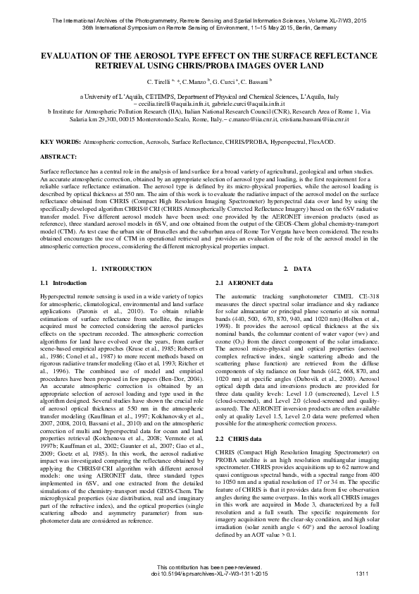 (PDF) Evaluation of the Aerosol Type Effect on the Surface Reflectance Retrieval Using Chris ...