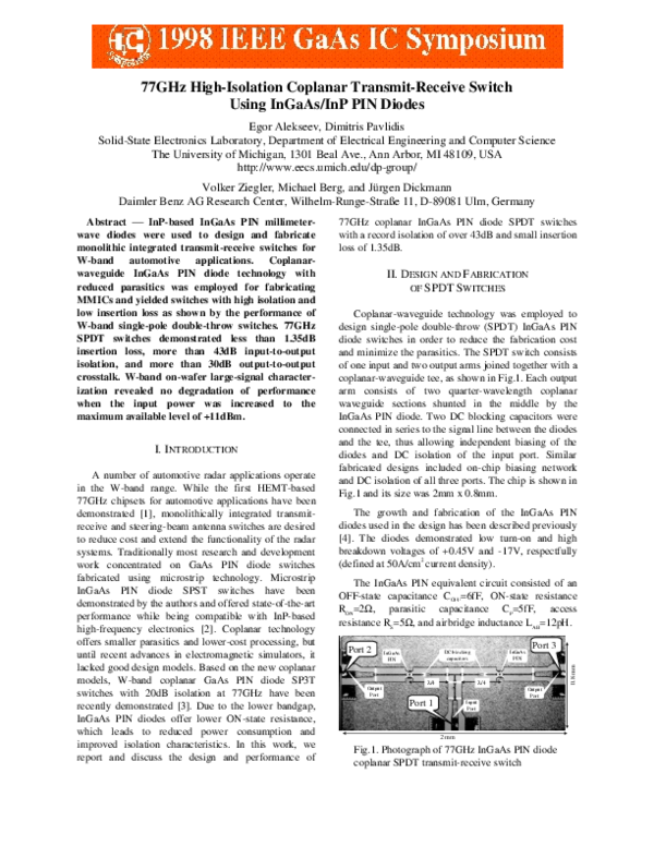 Pdf 77 Ghz High Isolation Coplanar Transmit Receive Switch Using