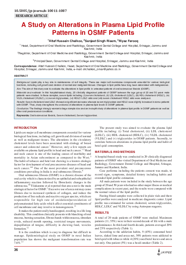 (PDF) A Study on Alterations in Plasma Lipid Profile Patterns in OSMF ...