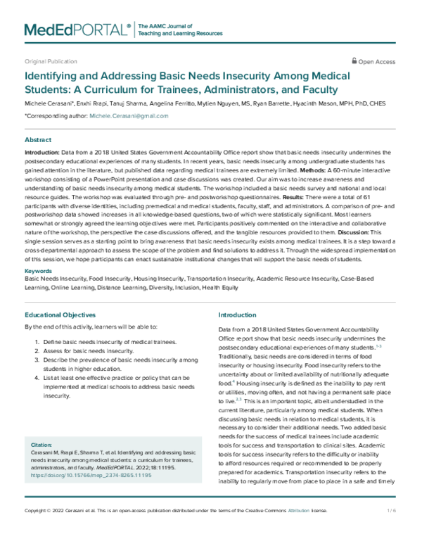 (PDF) Identifying and Addressing Basic Needs Insecurity Among Medical ...