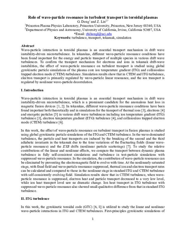 (PDF) Role of wave-particle resonance in turbulent transport in ...