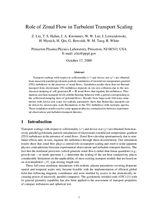 (PDF) Role of Zonal Flow in Turbulent Transport Scaling