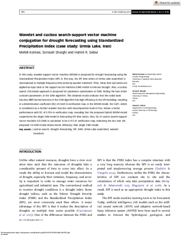 (PDF) Wavelet and cuckoo search-support vector machine conjugation for drought forecasting using ...