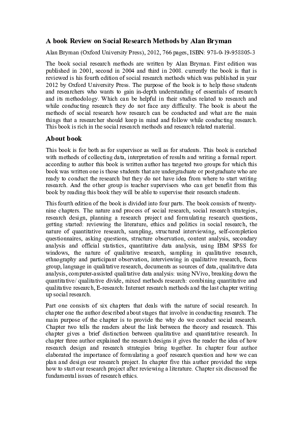 (DOC) A book Review on Social Research Methods by Alan Bryman