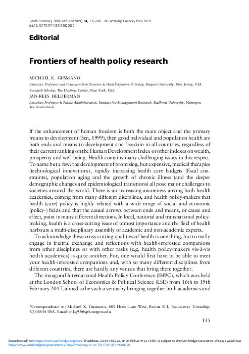 (PDF) Frontiers of health policy research