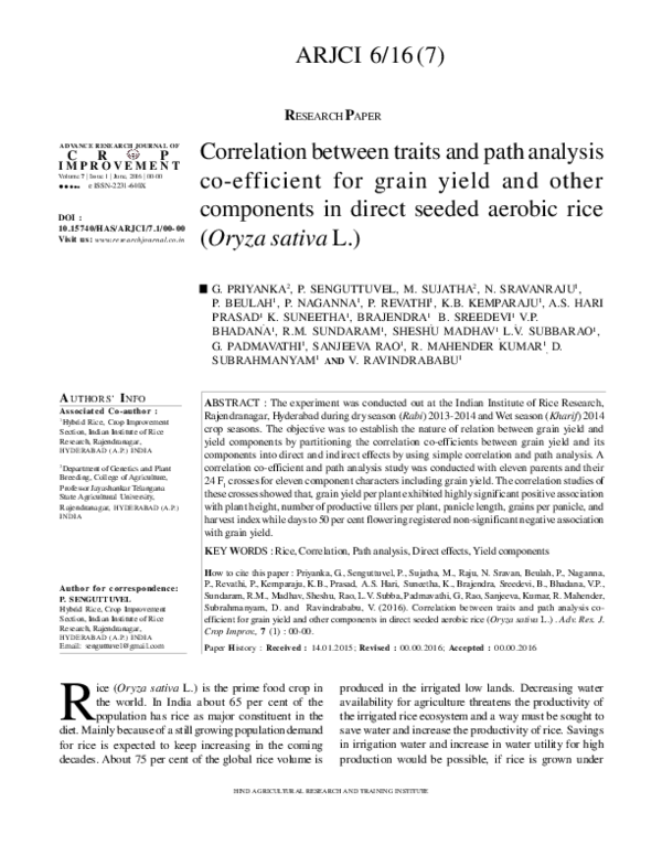 Pdf Correlation Between Traits And Path Analysis Co Efficient For
