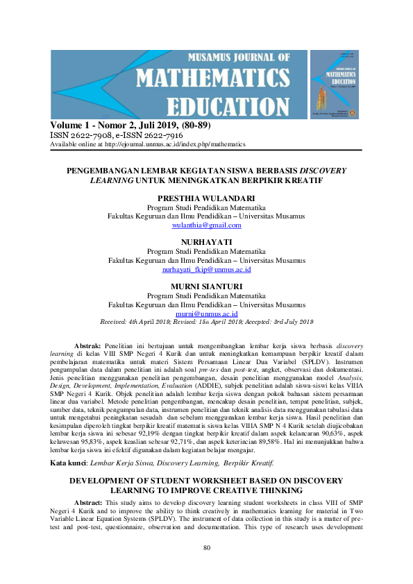 (PDF) Pengembangan Lembar Kegiatan Siswa Berbasis Discovery Learning Untuk Meningkatkan Berpikir ...