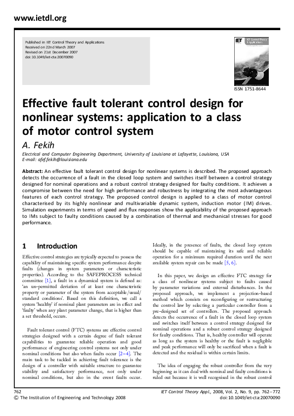 Pdf Effective Fault Tolerant Control Design For Nonlinear Systems Application To A Class Of