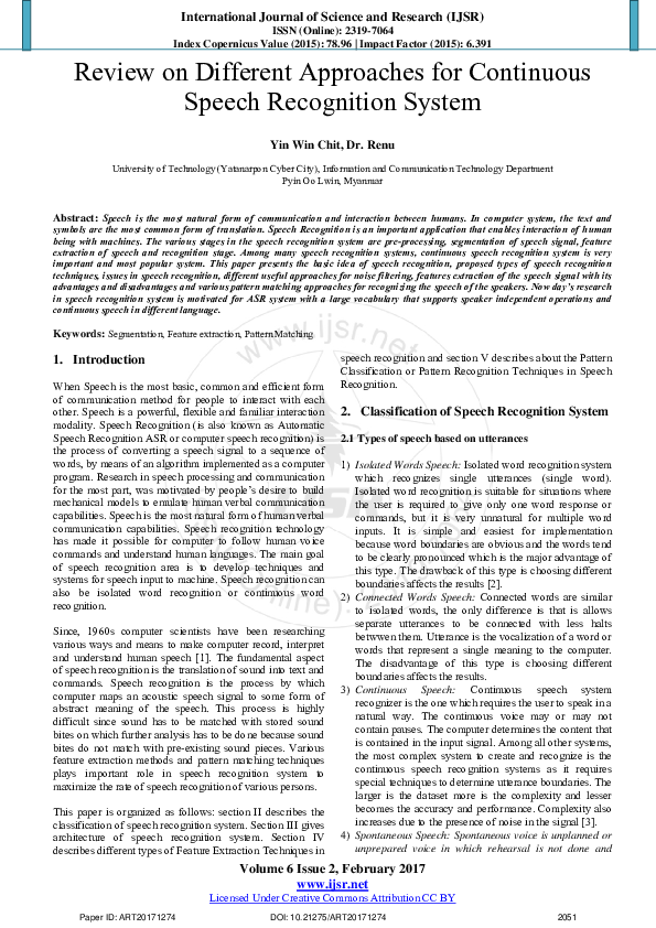 (PDF) Review on Different Approaches for Continuous Speech Recognition System