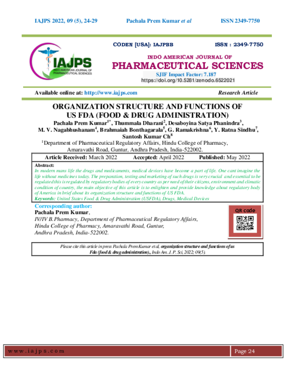 (PDF) ORGANIZATION STRUCTURE AND FUNCTIONS OF US FDA (FOOD & DRUG ...
