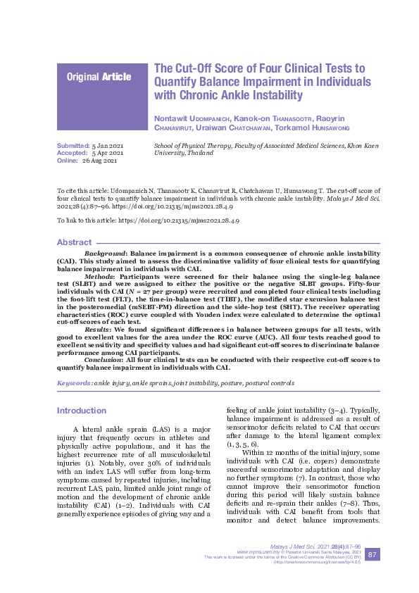 (PDF) The Cut-Off Score of Four Clinical Tests to Quantify Balance ...