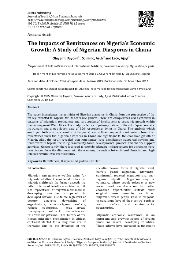 (PDF) The Impacts of Remittances on Nigeria’s Economic Growth: A Study of Nigerian Diasporas in ...