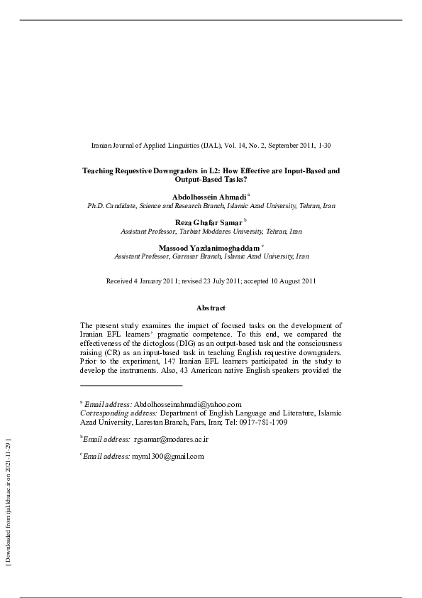 (PDF) in L 2 : How Effective are Input-Based and Output-Based Tasks