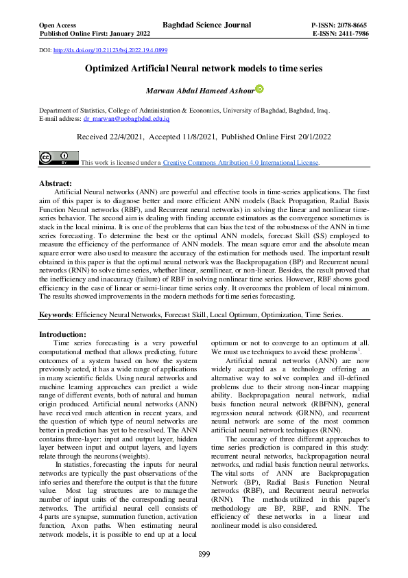 (PDF) Optimized Artificial Neural network models to time series