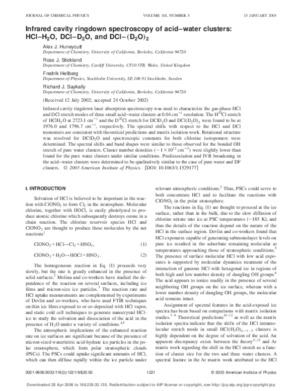 (PDF) Infrared cavity ringdown spectroscopy of acid–water clusters: HCl ...