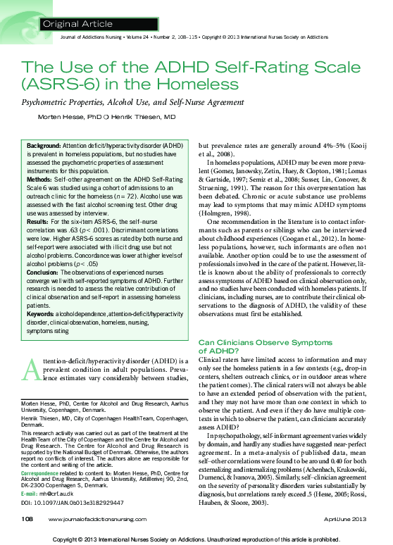 (PDF) The Use of the ADHD Self-Rating Scale (ASRS-6) in the Homeless