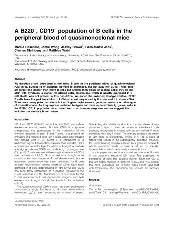 (PDF) A B220-, CD19- population of B cells in the peripheral blood of ...