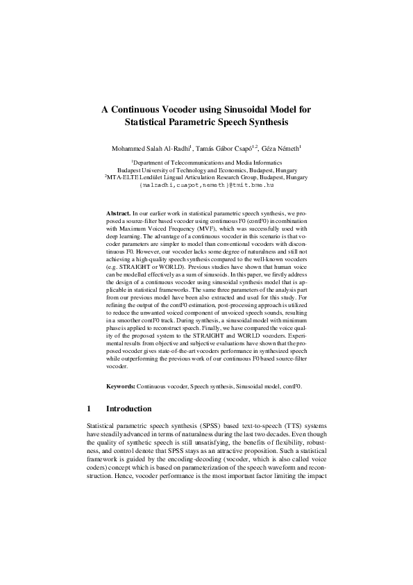 Pdf A Continuous Vocoder Using Sinusoidal Model For Statistical Parametric Speech Synthesis