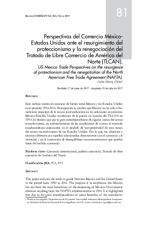 (PDF) Perspectivas del Comercio México- Estados Unidos ante el resurgimiento del proteccionismo ...
