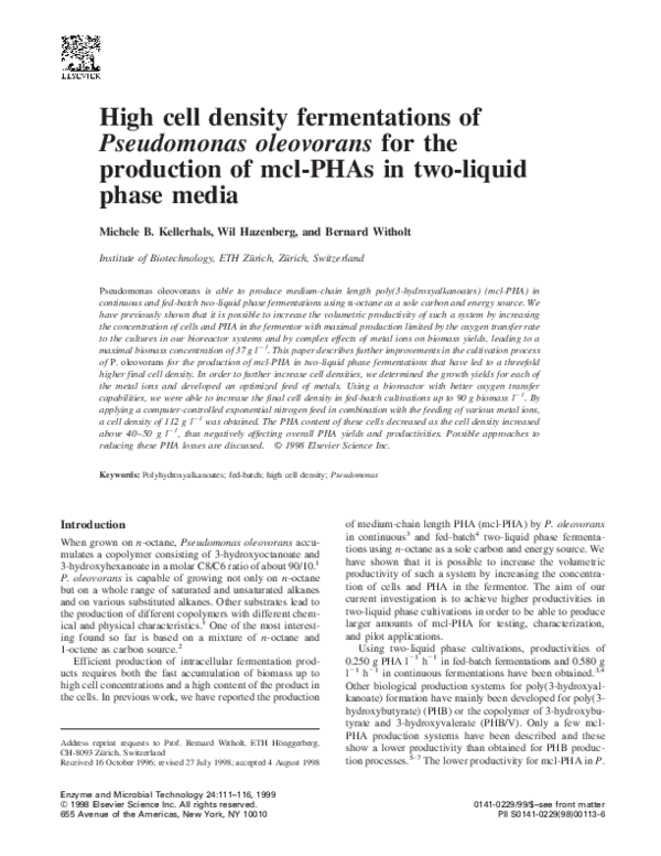 (PDF) High cell density fermentations of Pseudomonas oleovorans for the ...
