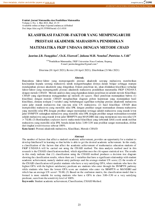 (PDF) Klasifikasi Faktor–faktor yang Mempengaruhi Prestasi Akademik Mahasiswa Pendidikan ...