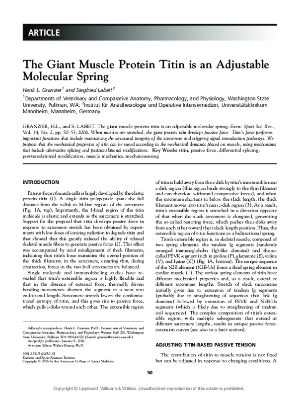 (PDF) The Giant Muscle Protein Titin is an Adjustable Molecular Spring