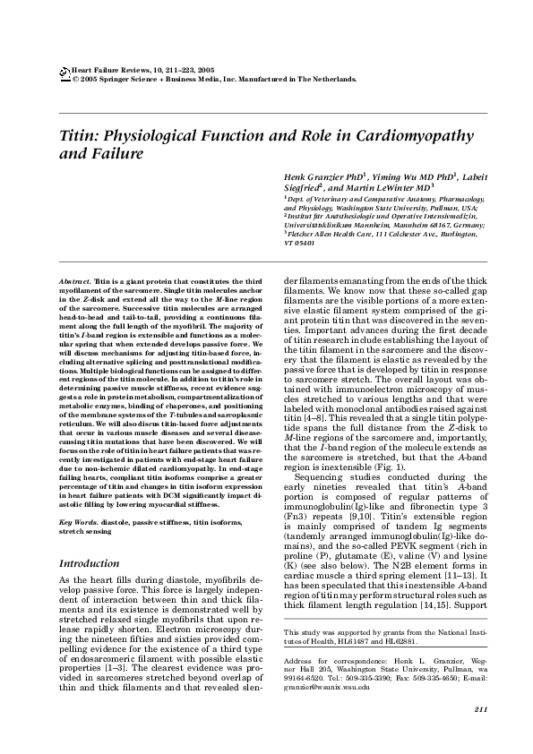 (PDF) Titin: Physiological Function and Role in Cardiomyopathy and Failure