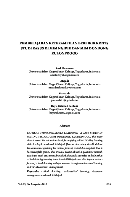 (PDF) Pembelajaran Keterampilan Berpikir Kritis: Studi Kasus DI Mim Ngipik Dan Mim Dondong ...