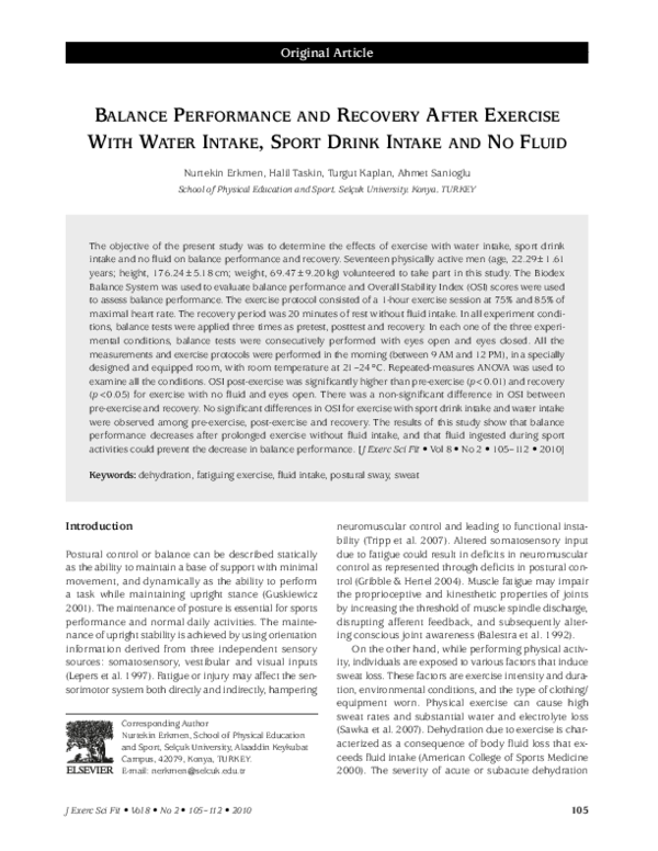 (PDF) Balance Performance and Recovery After Exercise With Water Intake ...