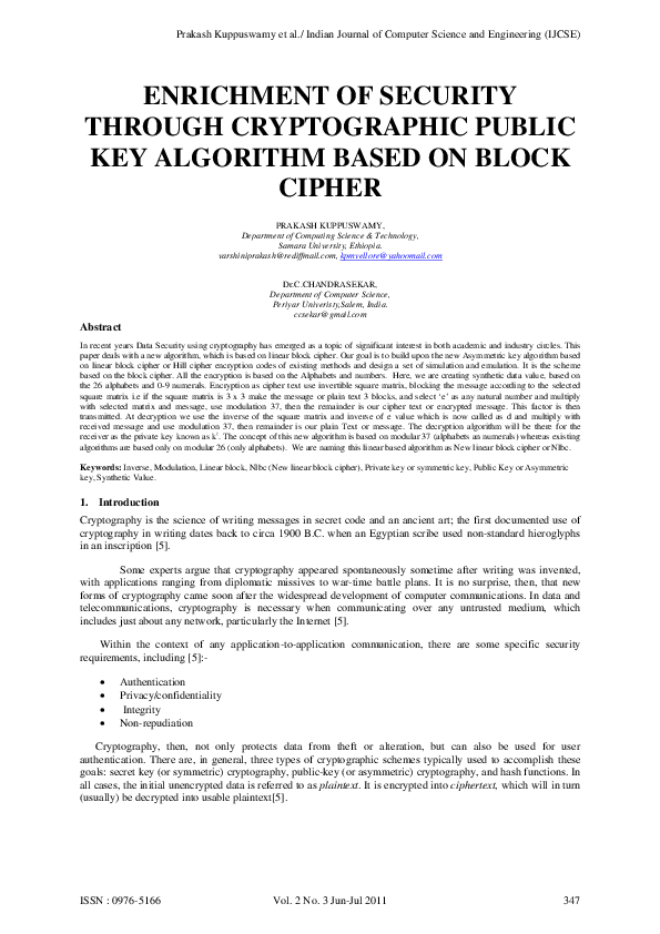 (PDF) Enrichment of Security Through Cryptographic Public Key Algorithm Based on Block Cipher
