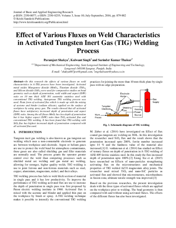 (PDF) Effect of Various Fluxes on Weld Characteristics in Activated Tungsten Inert Gas (TIG ...