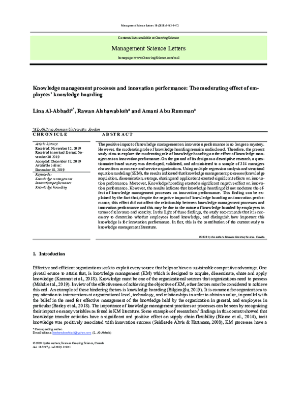 (PDF) Knowledge Management, Hoarding, and Innovation