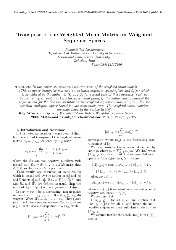 (PDF) Transpose of the Weighted Mean Matrix on Weighted Sequence Spaces