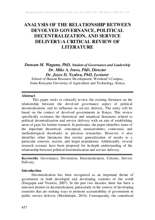 (PDF) Analysis of the Relationship Between Devolved Governance, Political Decentralization, and ...
