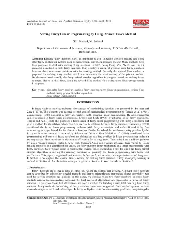 (PDF) Solving Fuzzy Linear Programming by Using Revised Tsao's Method