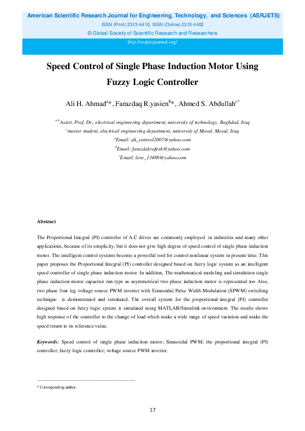Pdf Speed Control Of Single Phase Induction Motor Using Fuzzy Logic Controller