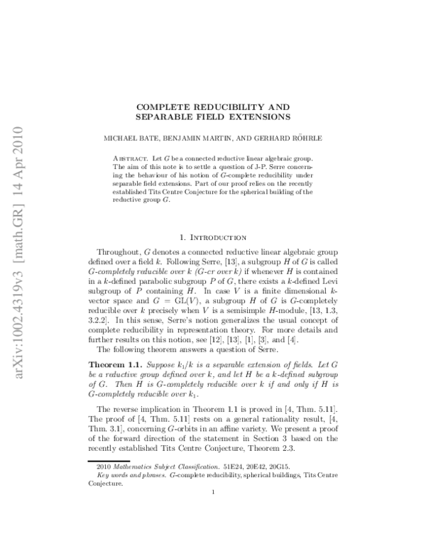(PDF) Complete reducibility and separable field extensions