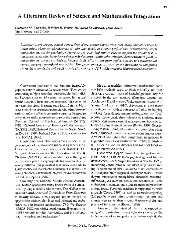 (PDF) A Literature Review of Science and Mathematics Integration