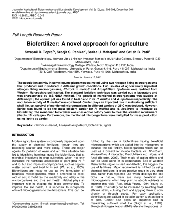 (PDF) Biofertilizer: A novel approach for agriculture